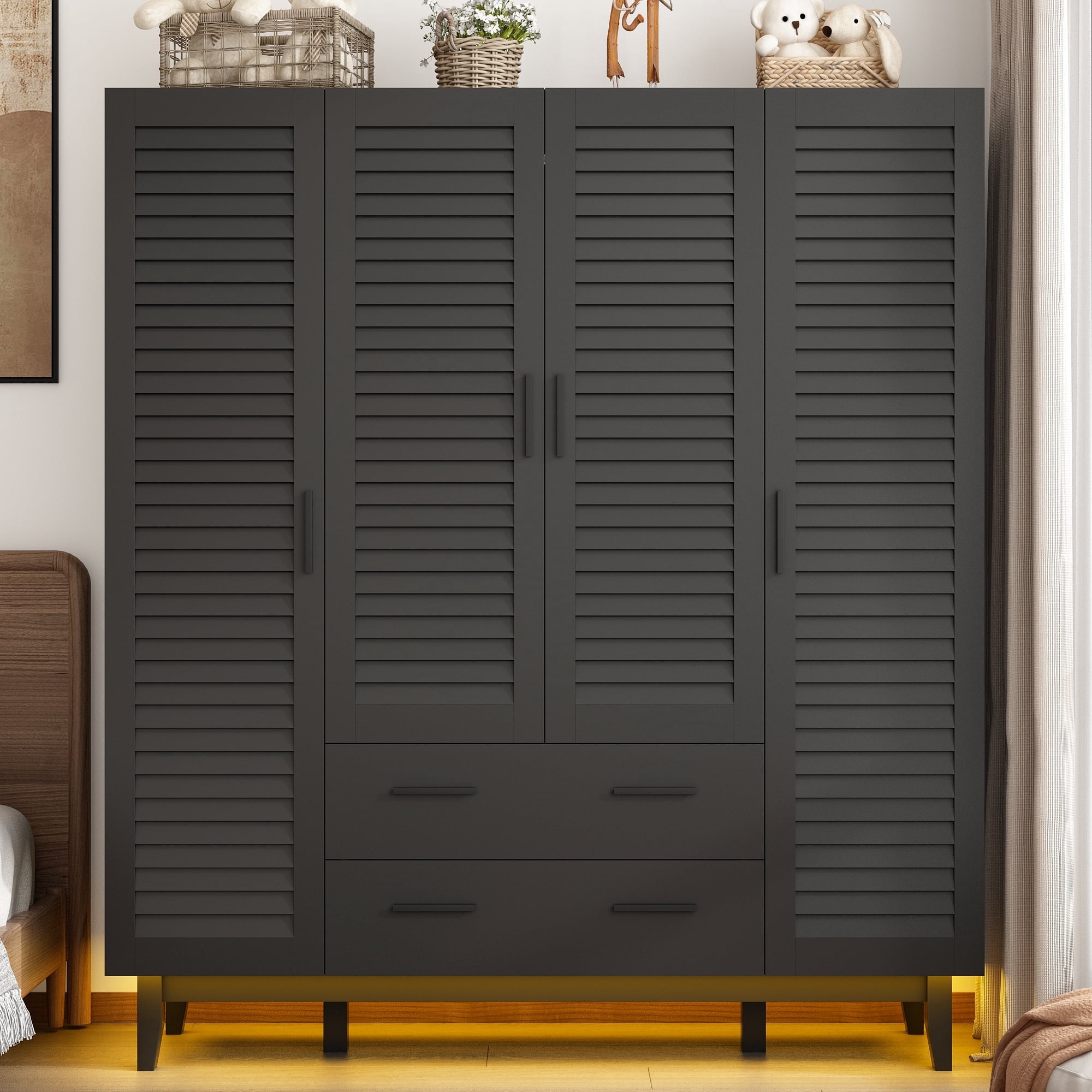 ANPOO Large 4 Doors Armoire Wardrobe Closet with LED Lights & Hanging ...