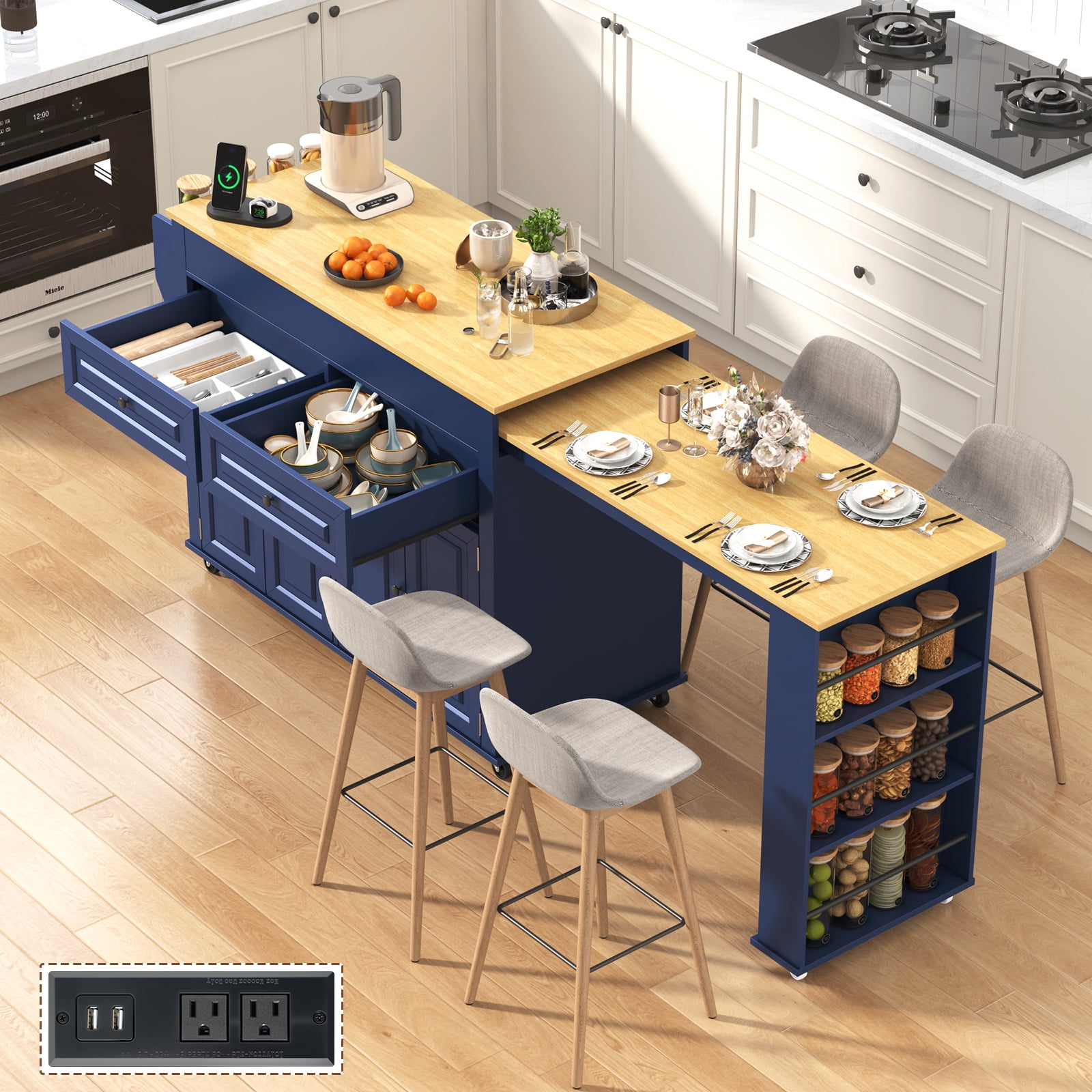 Anpoo Large Kitchen Island with Extendable Dining Table, Storage ...