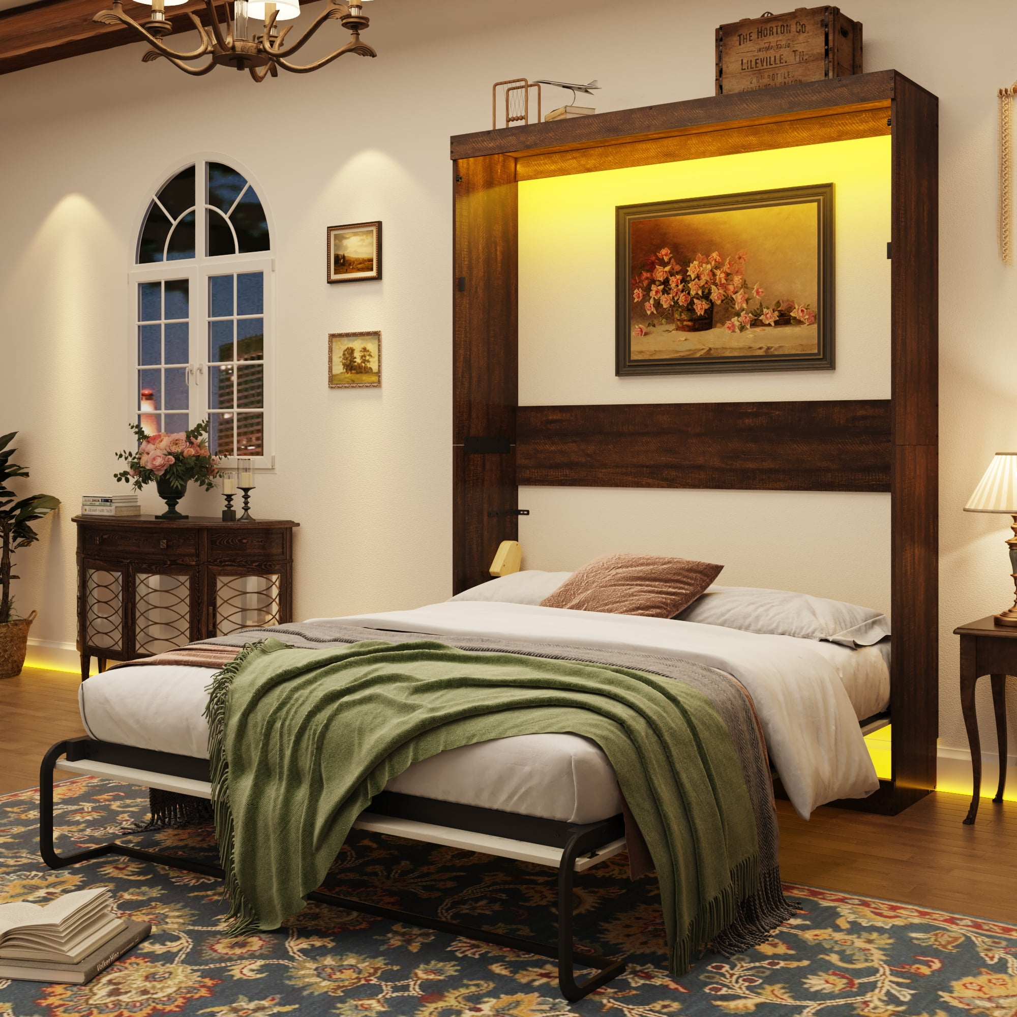 ANPOO Queen Size Murphy Bed with 2 LED Lights, Farmhouse Wood Hidden ...