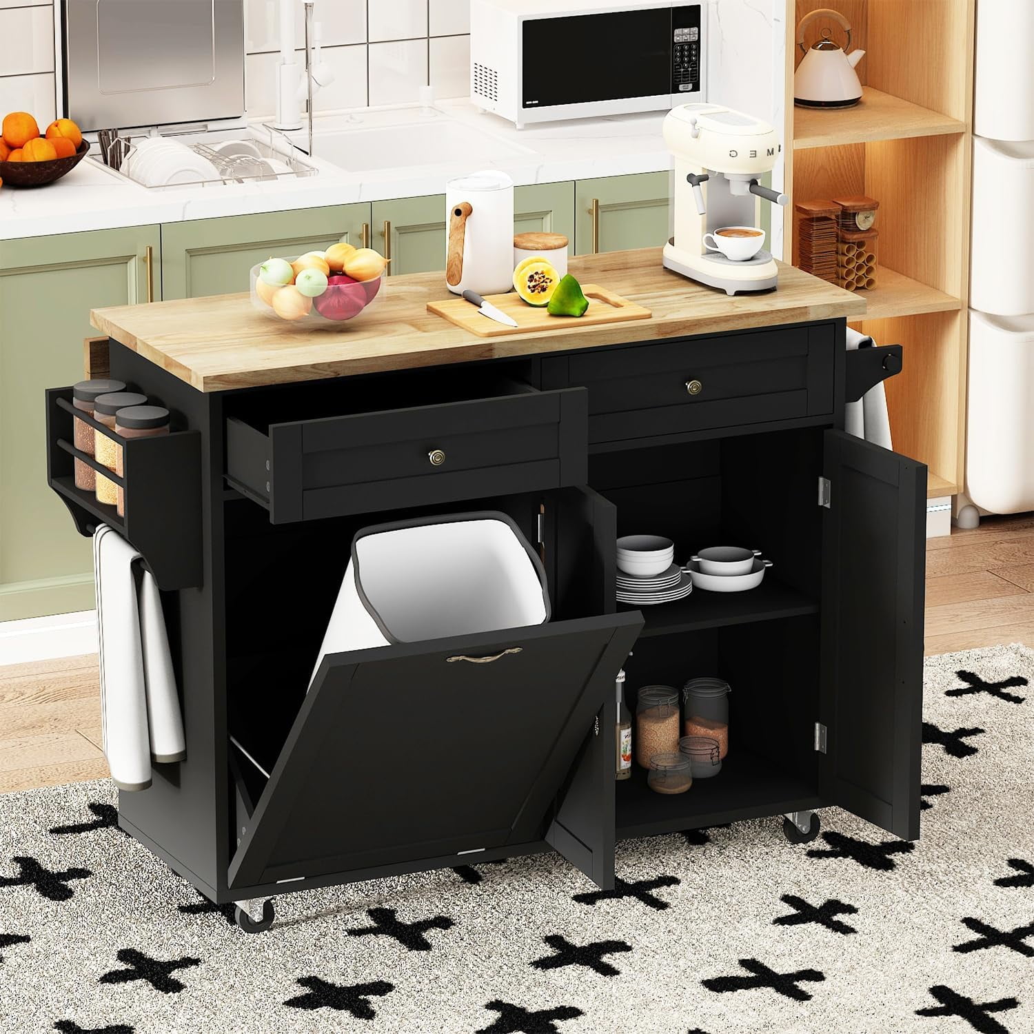 Anpoo Rolling Kitchen Island, Drop Leaf, Tilt Out Trash Cabinet, Rubber ...