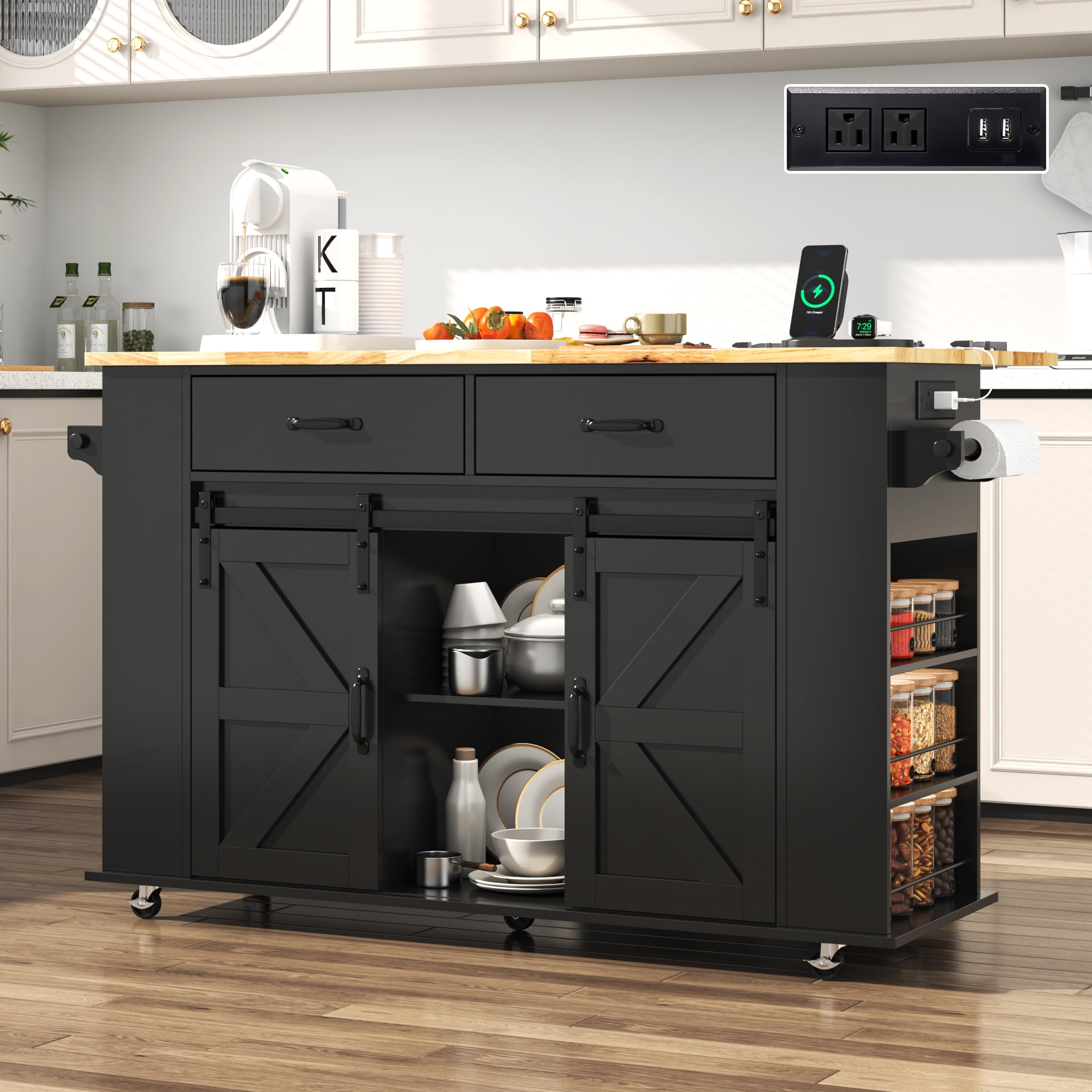 ANPOO Large Rolling Kitchen Island Table on Wheels with Drop Leaf, Barn ...