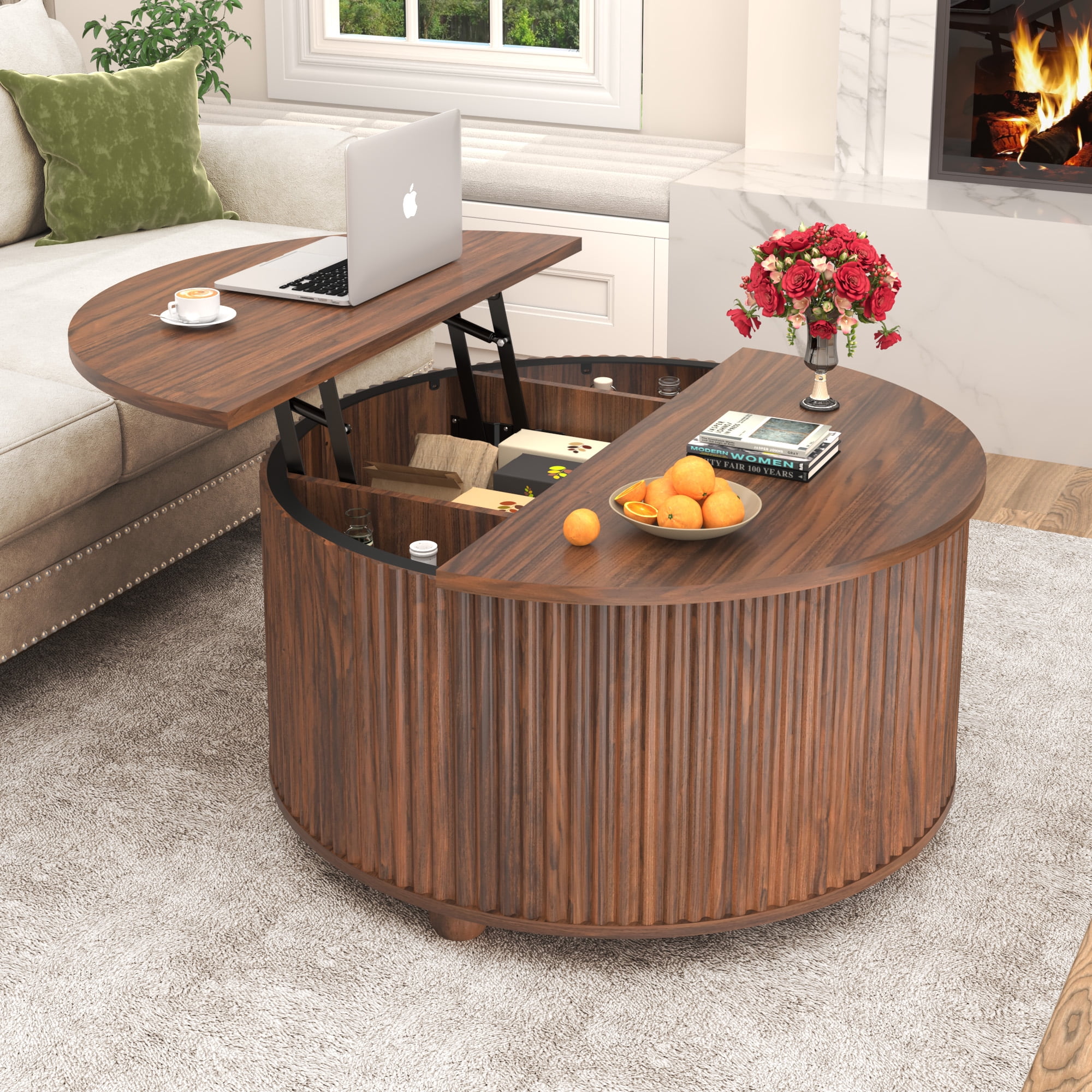 ANPOO Round Lift Top Coffee Table with Storage, 34.6" Fluted Center ...