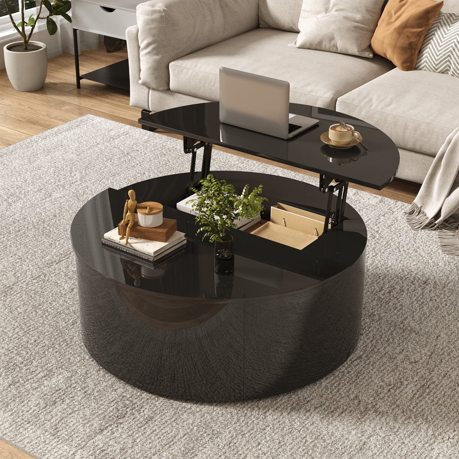ANPOO Round Lift Top Coffee Table with Storage, Modern High Gloss ...