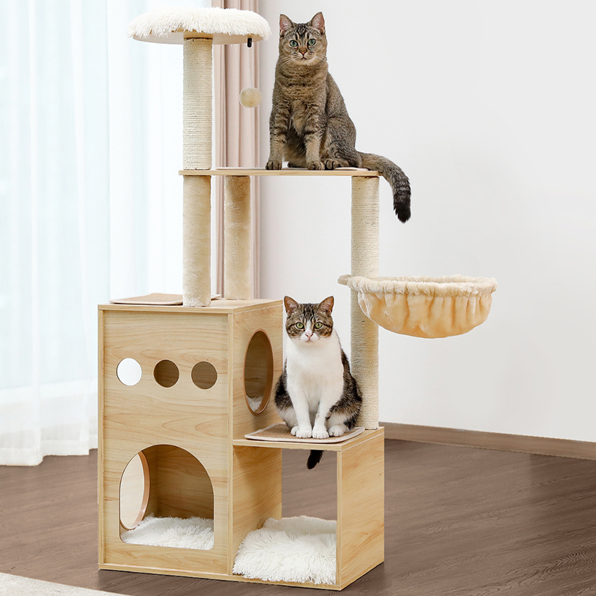 Pefilos 51" Cat Tower for Large Cats Modern Wooden Cat Tree Multi-Level ...