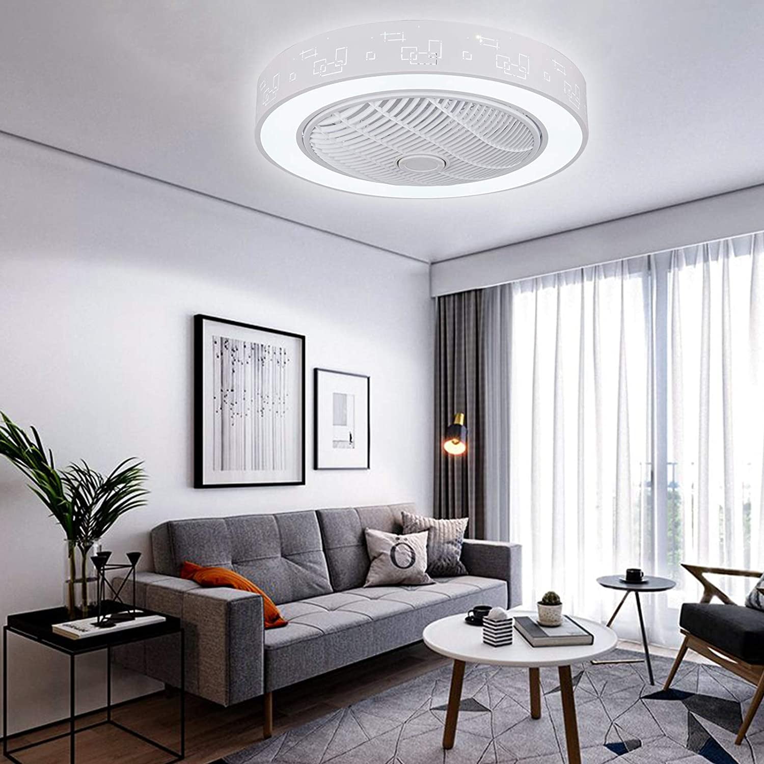 ANQIDI 22" Modern Enclosed Round Ceiling Fan Light Dimmable 3-Color LED ...