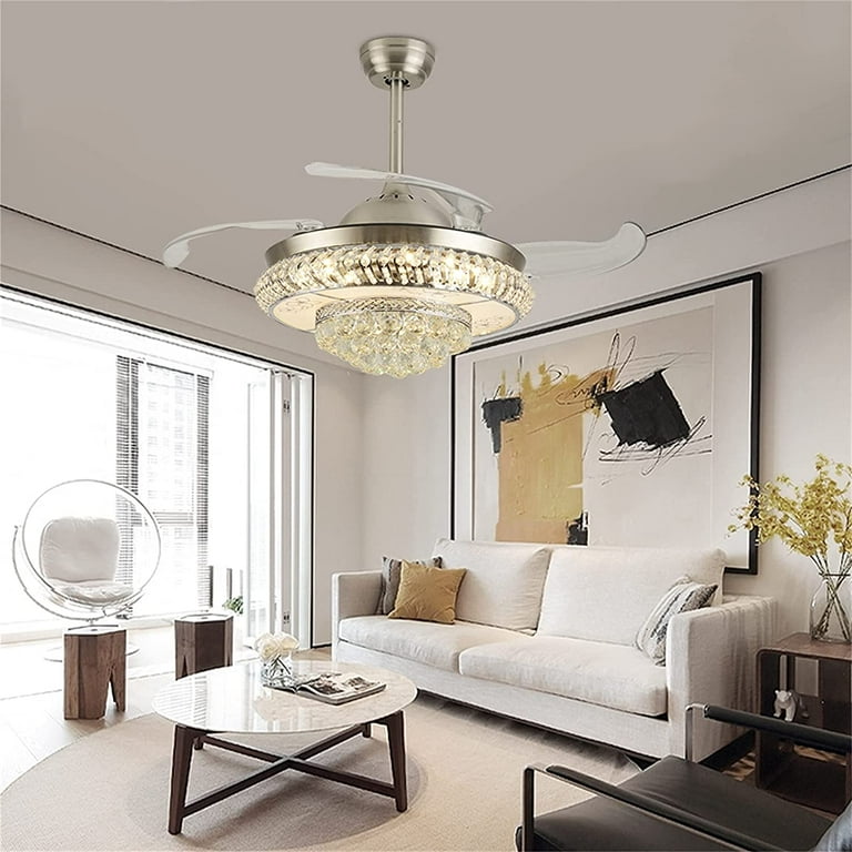 Modern Led Ceiling Fan 42 Retractable Blades Crystal Chandelier White ...