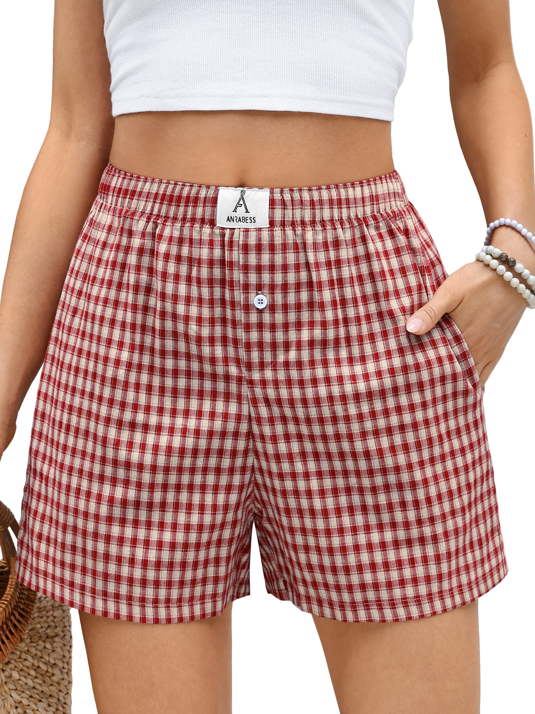 ANRABESS Boxer Shorts for Women Gingham Pajama 2026 Summer Casual ...