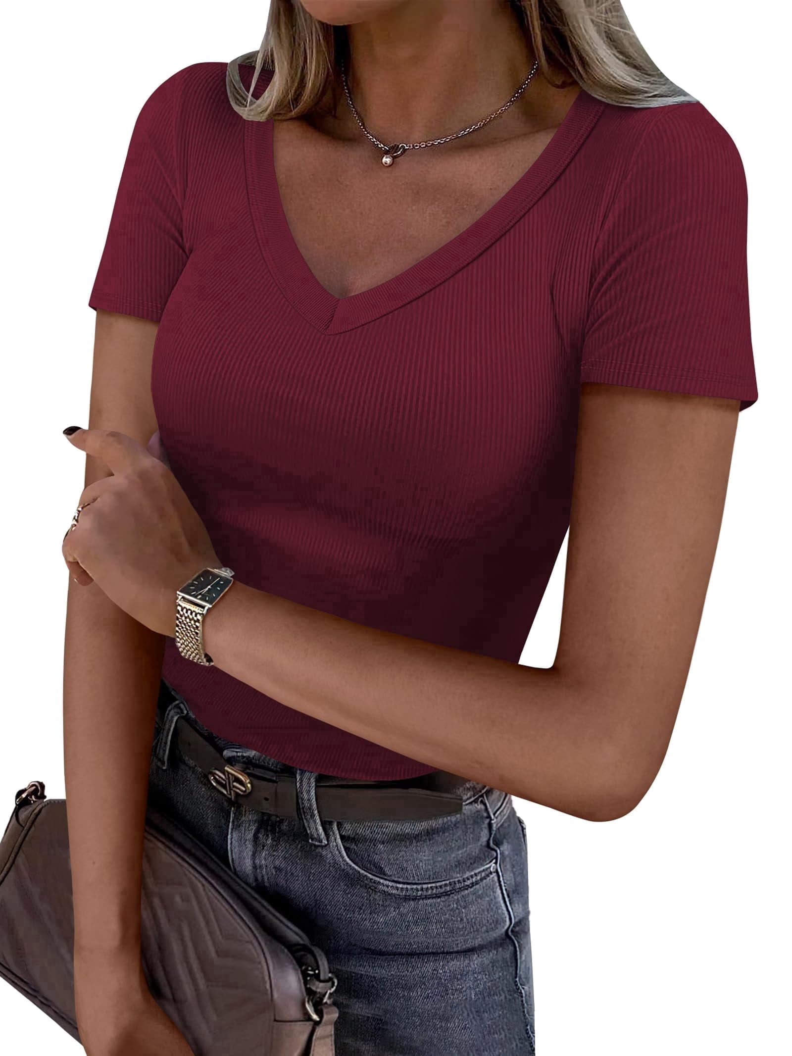 ANRABESS Women Short Sleeve V Neck Ribbed Knit Fitted Shirts Basic Tees ...