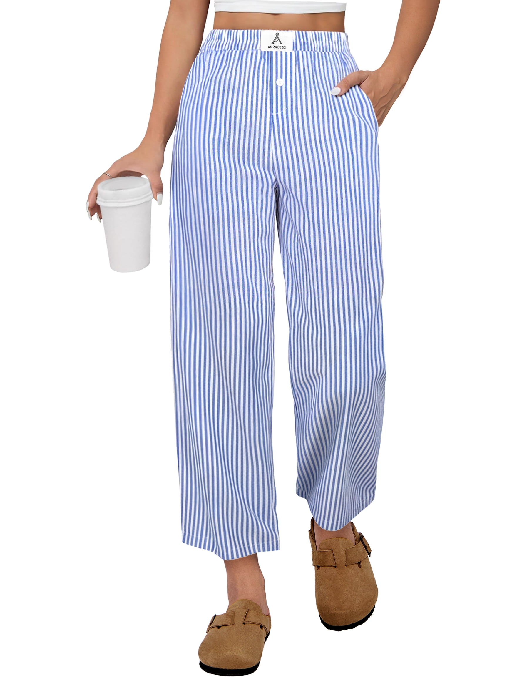 ANRABESS Women Striped Gingham Palazzo Cropped Pants Wide Leg Pajama ...