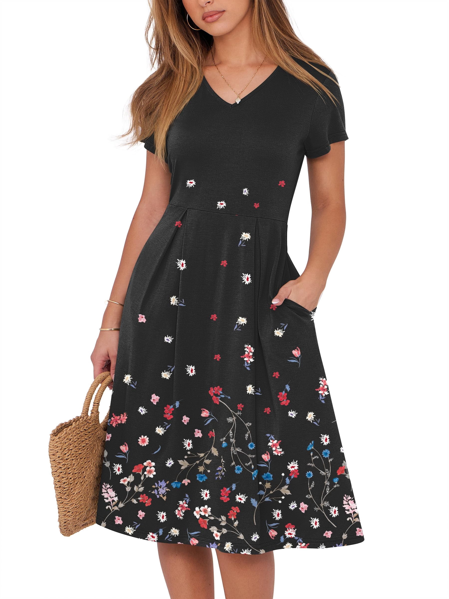 ANRABESS Women Summer Dress Casual Short Sleeve V Neck A-Line Knee ...