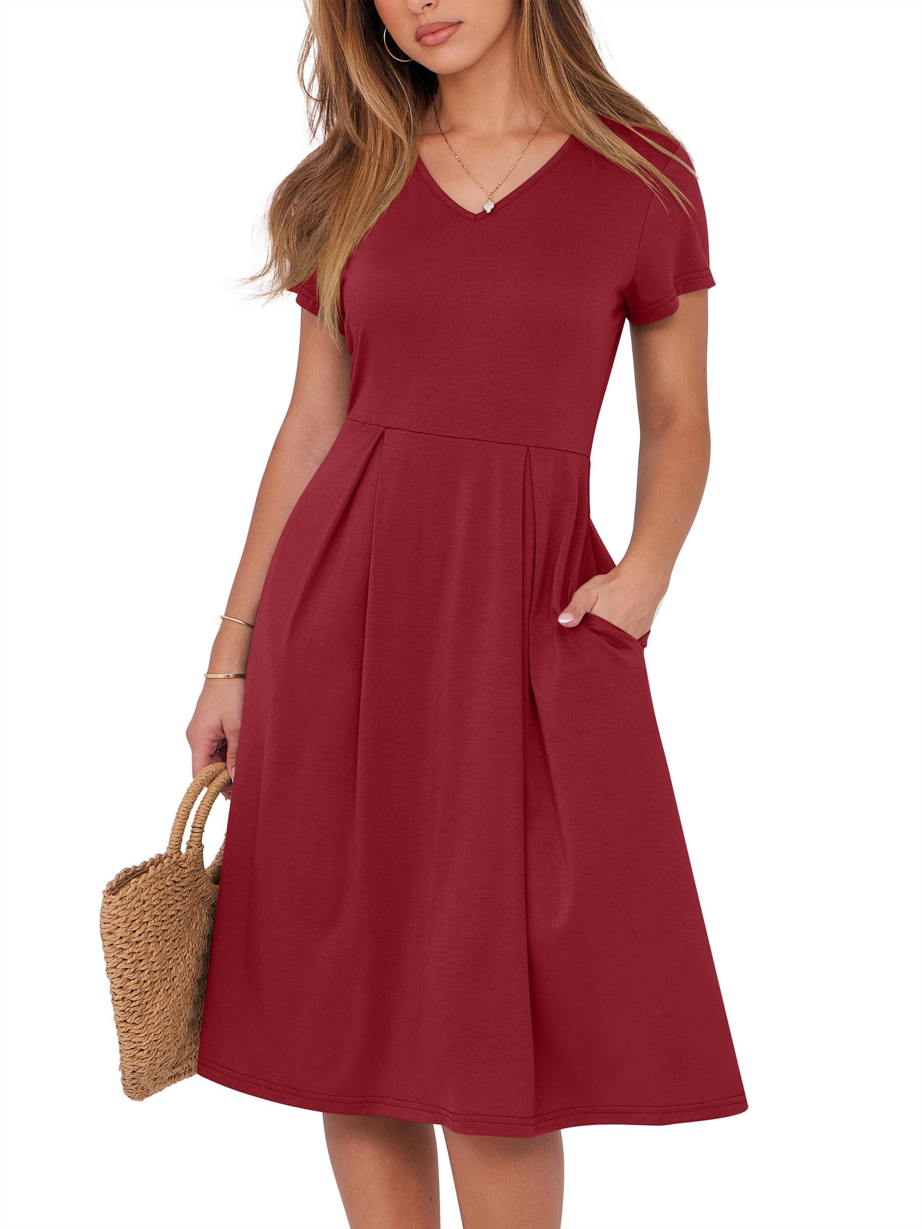 ANRABESS Women Summer Dress Casual Short Sleeve V Neck A-Line Knee ...