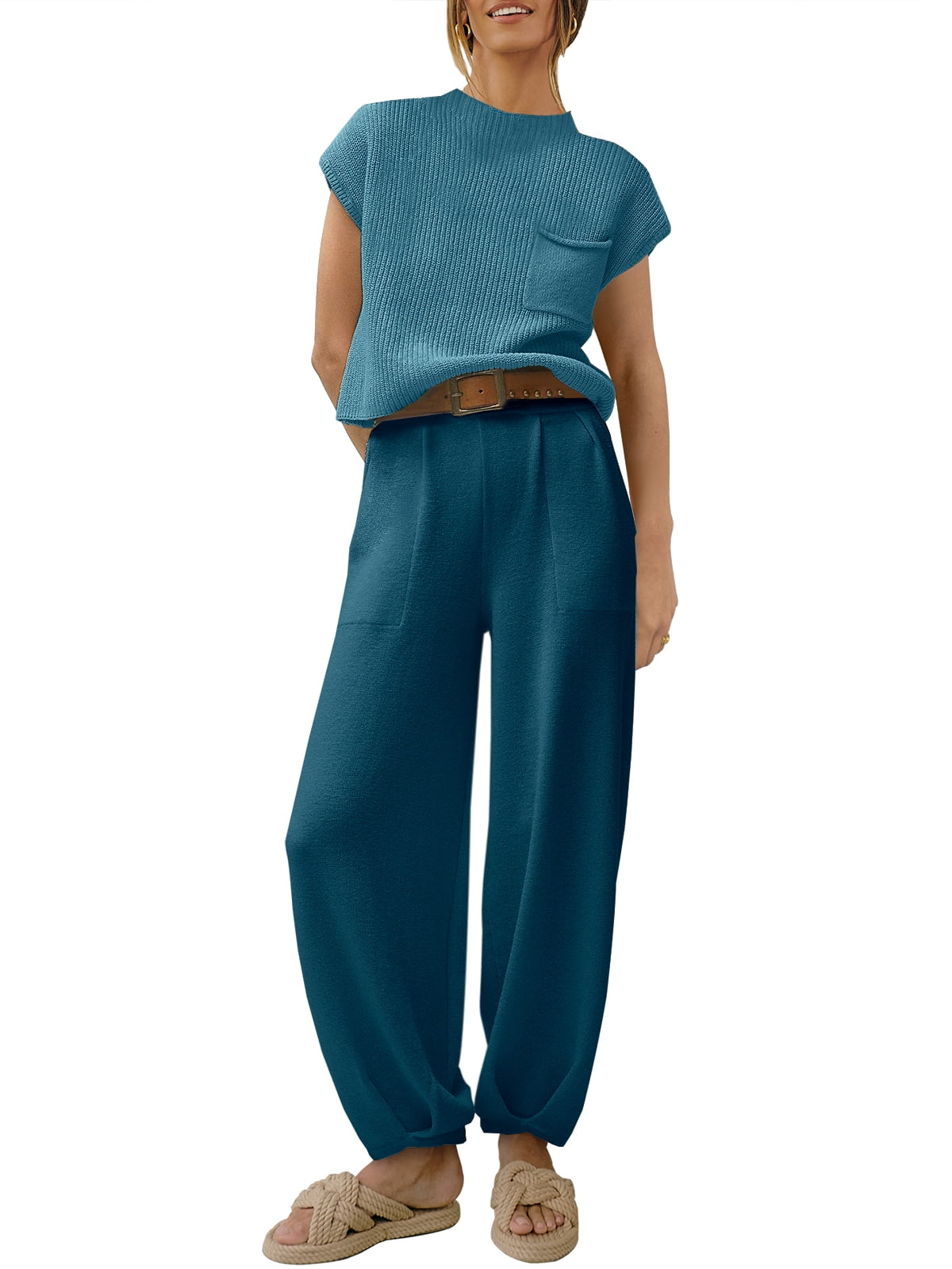 ANRABESS Women Two Piece Outfits Summer Sweater Vest Crop Top Pants ...