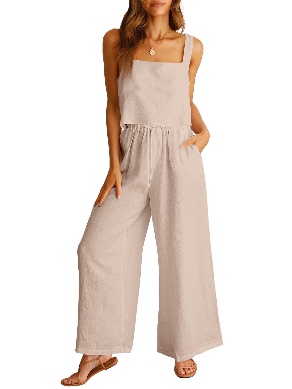 ANRABESS Women's 2 Piece Outfits Linen Pants Jumpsuit Matching Lounge ...