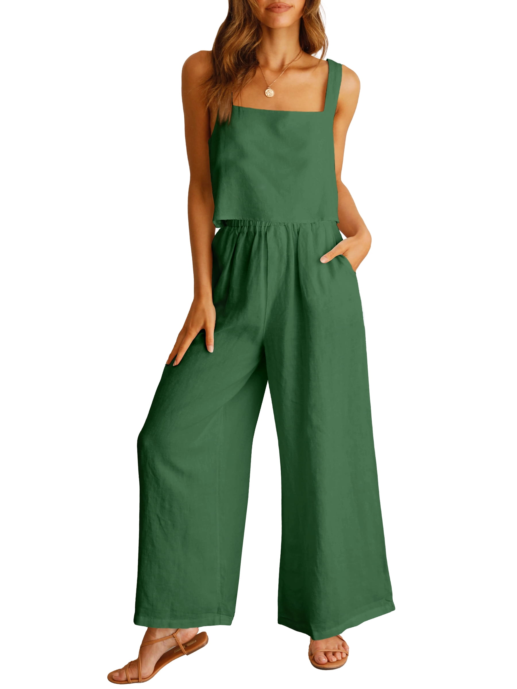 ANRABESS Women's 2 Piece Outfits Linen Pants Jumpsuit Matching Lounge ...