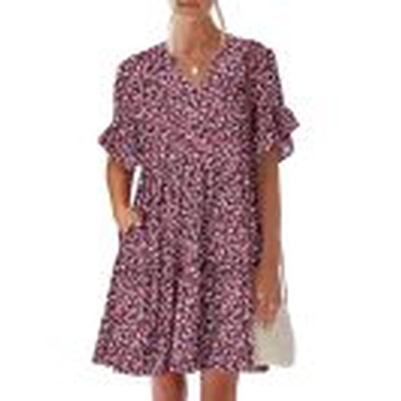 ANRABESS Women's Summer Casual Dress, V-Neck Ruffle Sleeve Tiered Mini ...