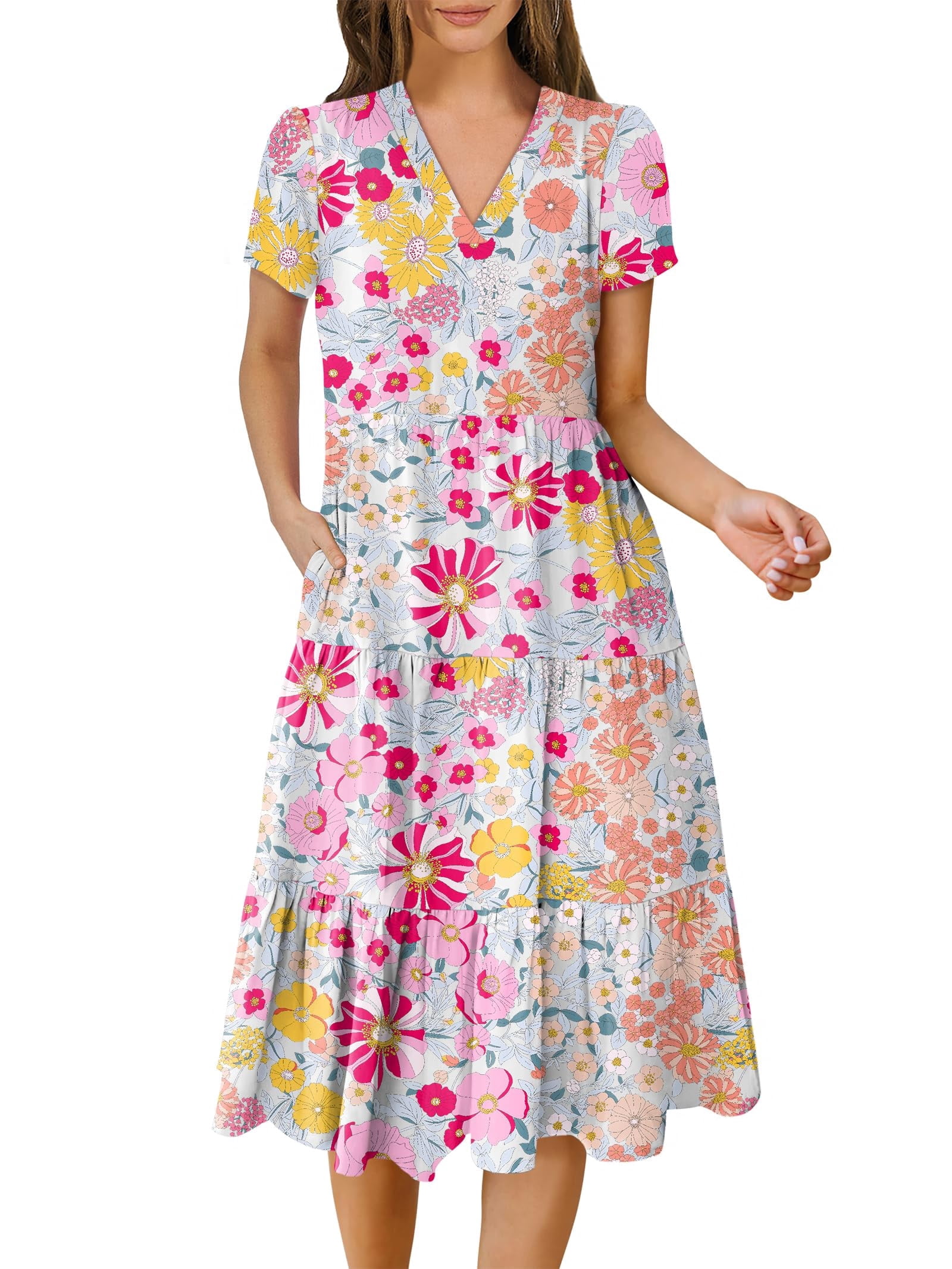 ANRABESS Women's Summer Casual Midi Dresses Short Sleeve V Neck Flowy ...