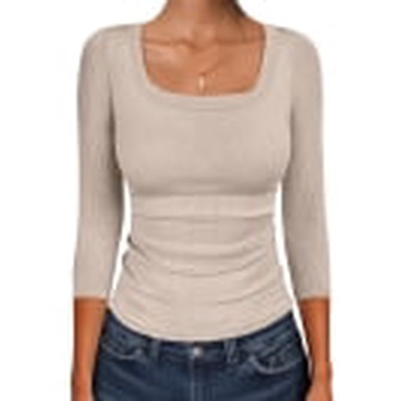 ANRABESS Womens 3/4 Sleeve Scoop Neck Tops Ribbed Knit Slim Fitted ...