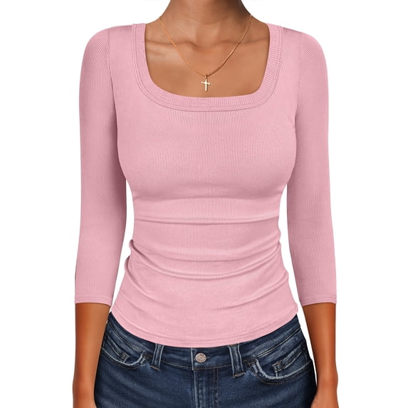 ANRABESS Womens 3/4 Sleeve Scoop Neck Tops Ribbed Knit Slim Fitted ...
