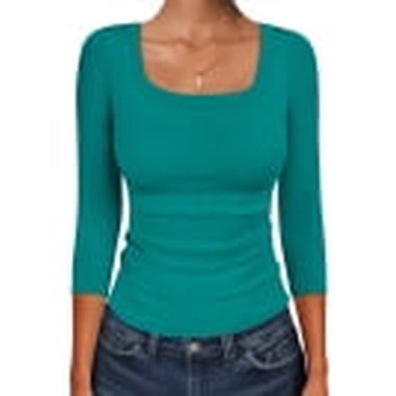 ANRABESS Womens 3/4 Sleeve Scoop Neck Tops Ribbed Knit Slim Fitted ...