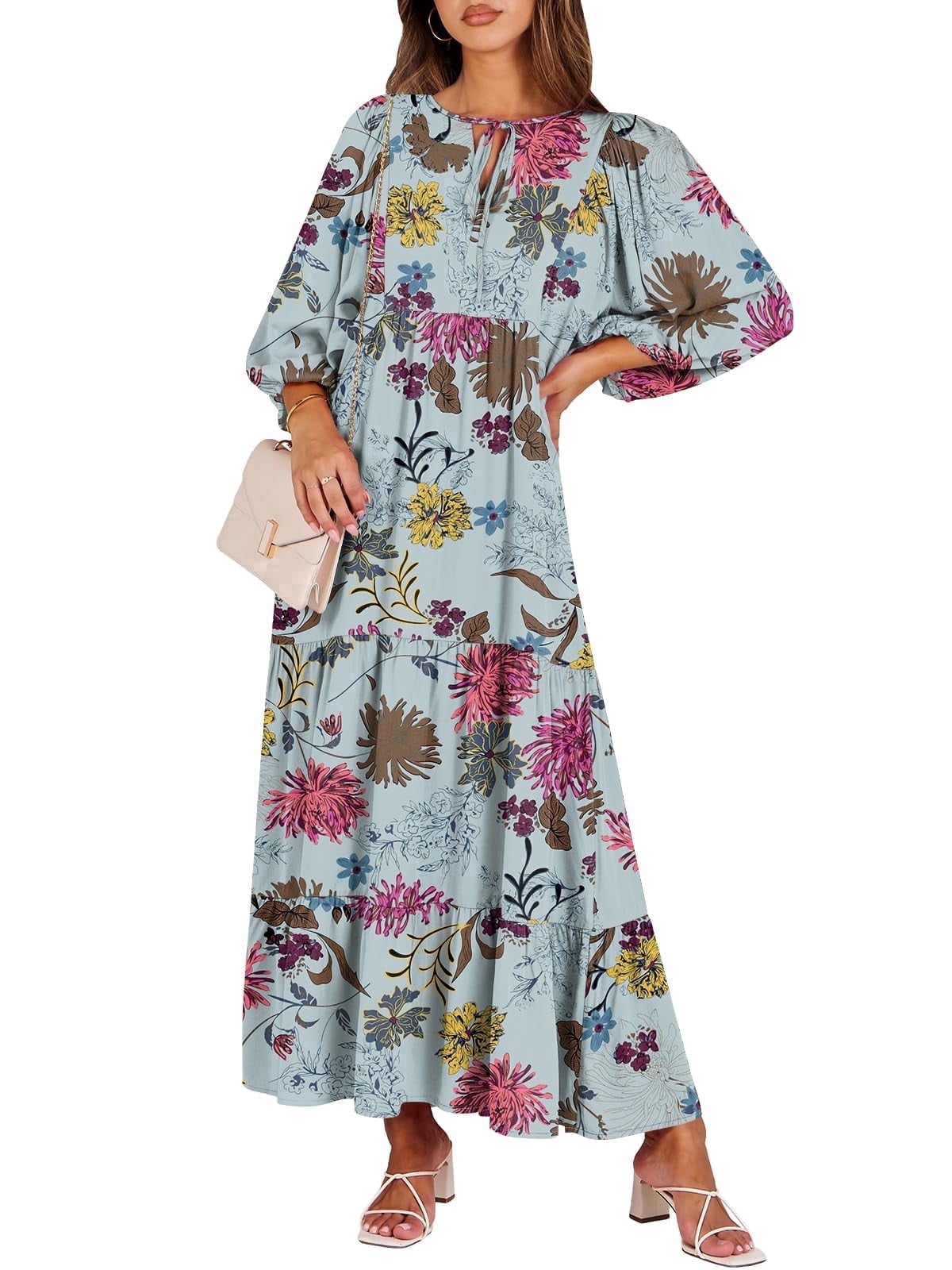 ANRABESS Womens Boho Maxi Dresses 2026 Summer V Neck Puff Sleeve Floral ...