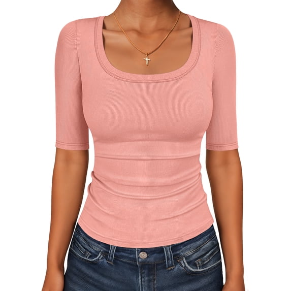 ANRABESS Womens Half Sleeve Tops Scoop Neck Ribbed Knit Slim Fitted ...