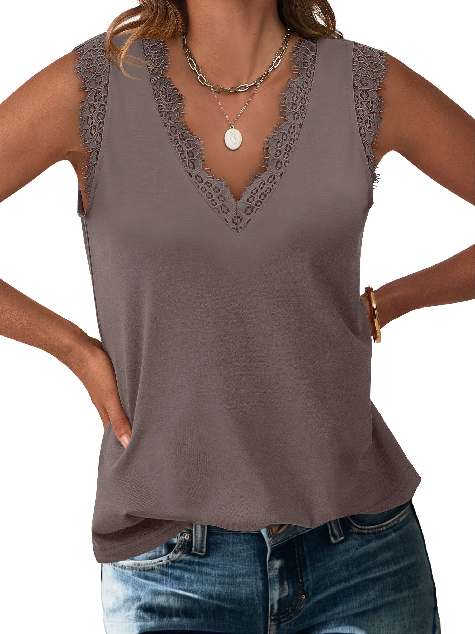 ANRABESS Womens Lace Trim Tank Tops V Neck Sleeveless Shirts 2026 ...