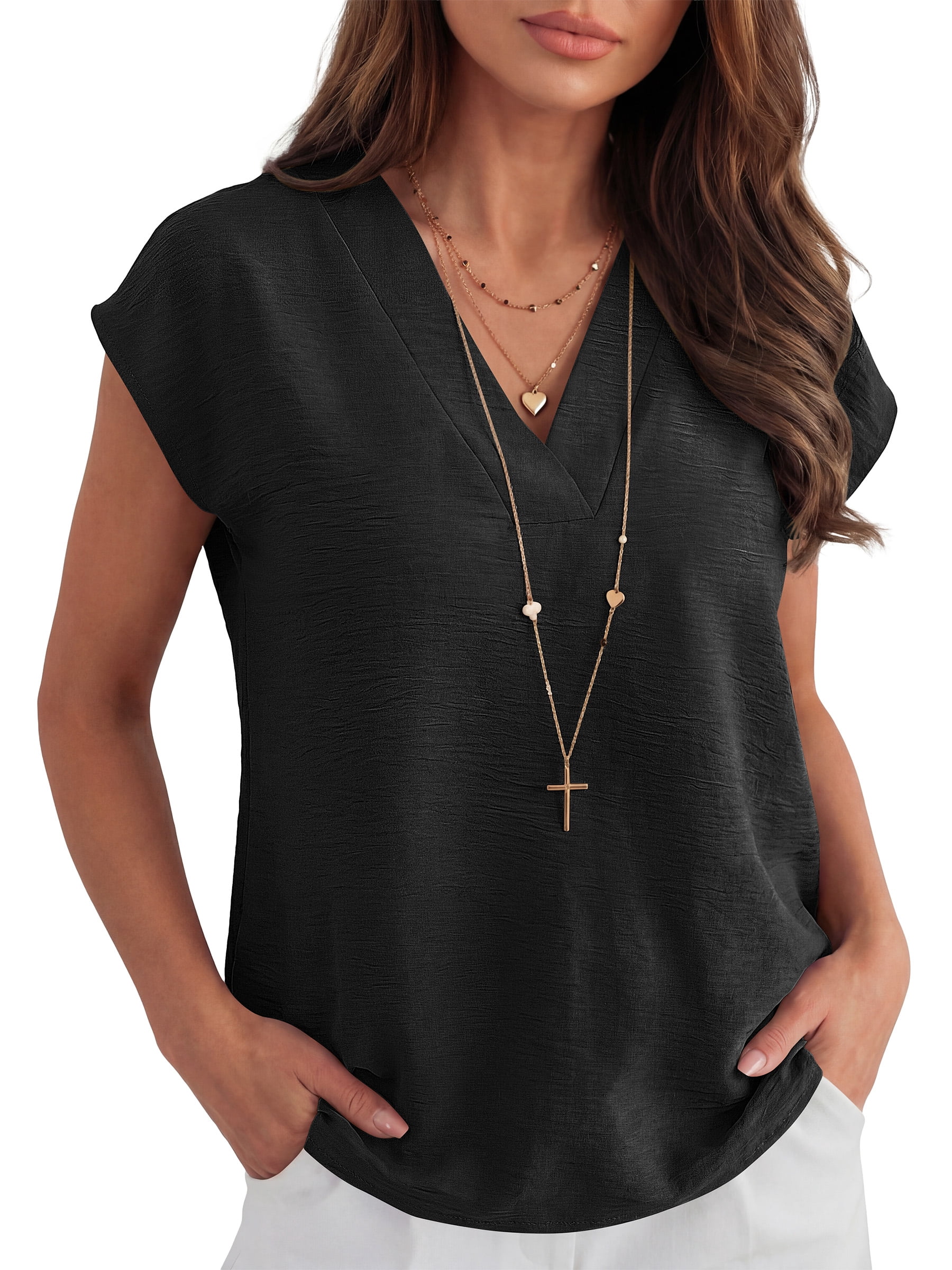 ANRABESS Women Tops V Neck T Shirts Cap Sleeve Business Casual Tops for ...