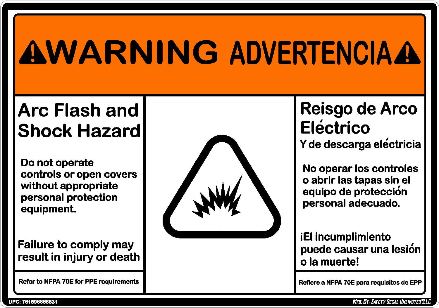ANSI Warning Arc Flash Shock Hazard PPE Required Advertencia Bilingual ...