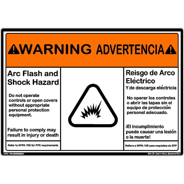 ANSI Warning Arc Flash Shock Hazard PPE Required Advertencia Bilingual ...