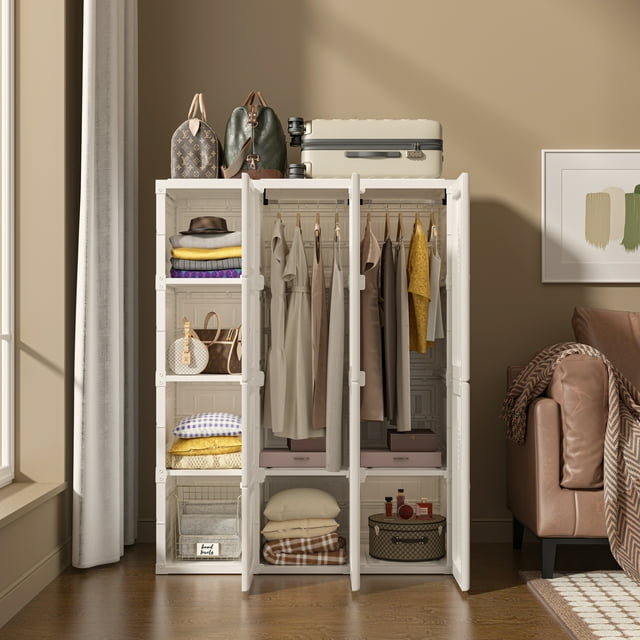 ANTBOX White Storage Cabinet, Foldable Plastic Armoire Wardrobe Closet ...