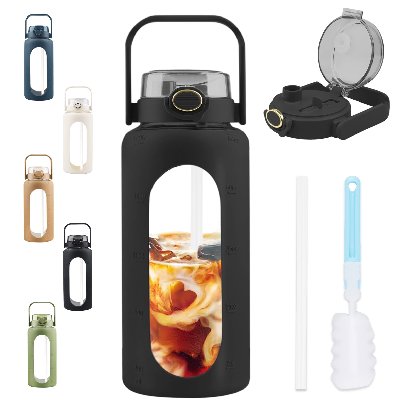 ANTSHARE 64oz Glass Water Bottles with Straw and Handle Lid, Silicone ...