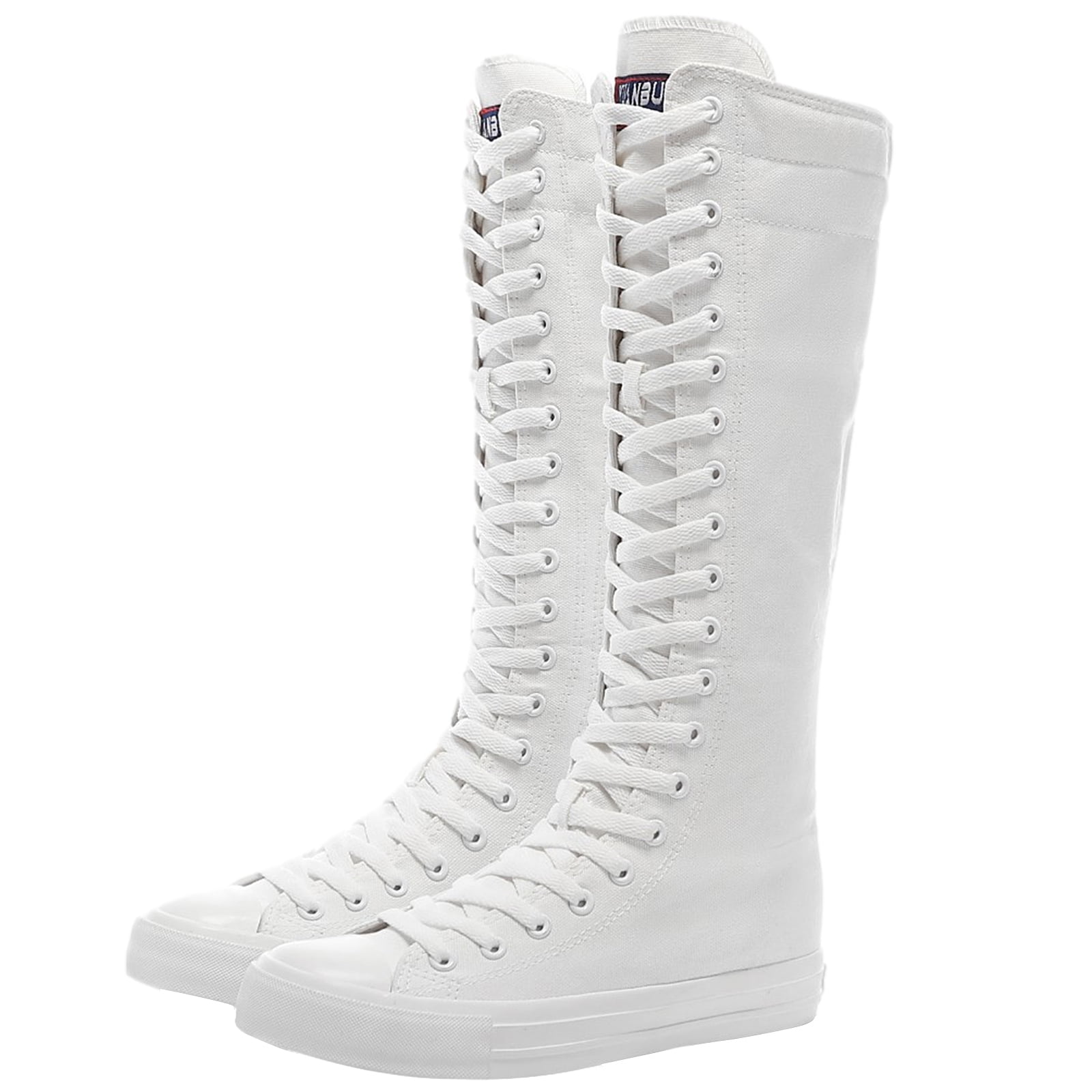 ANUFER Girls Womens Fashion Knee High Lace-Up Canvas Boots Pure White ...