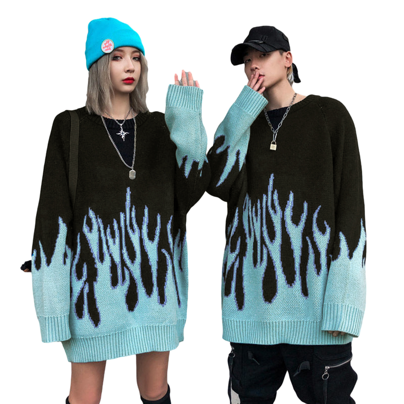 ANUFER Unisex Mens Womens Flame Sweaters Street Fashion Bat Sleeve ...