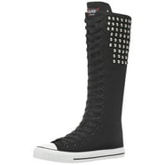 ANUFER Girls Womens Fashion Knee High Lace-Up Canvas Boots Pure White ...