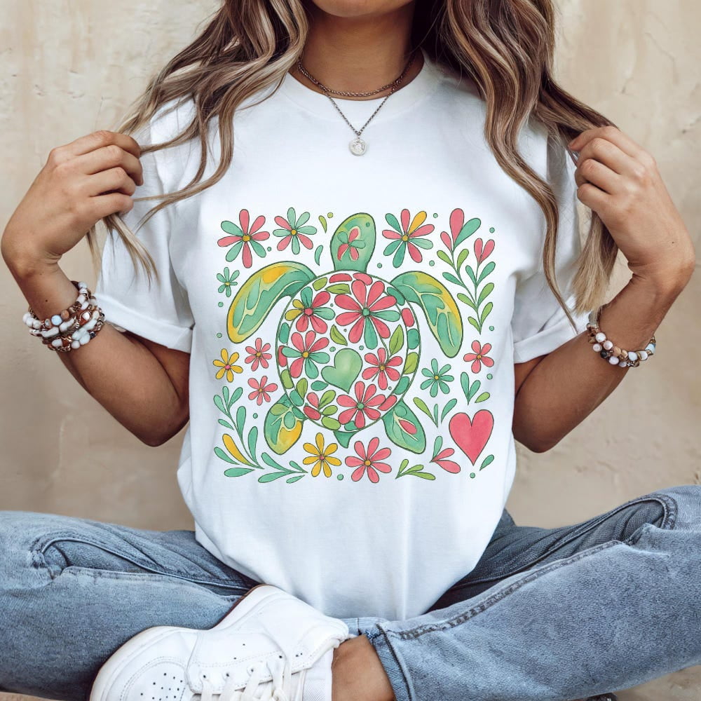 ANUNSHIRT Boho Floral Turtle Shirt, Nautical Beach Tee, Floral Summer ...