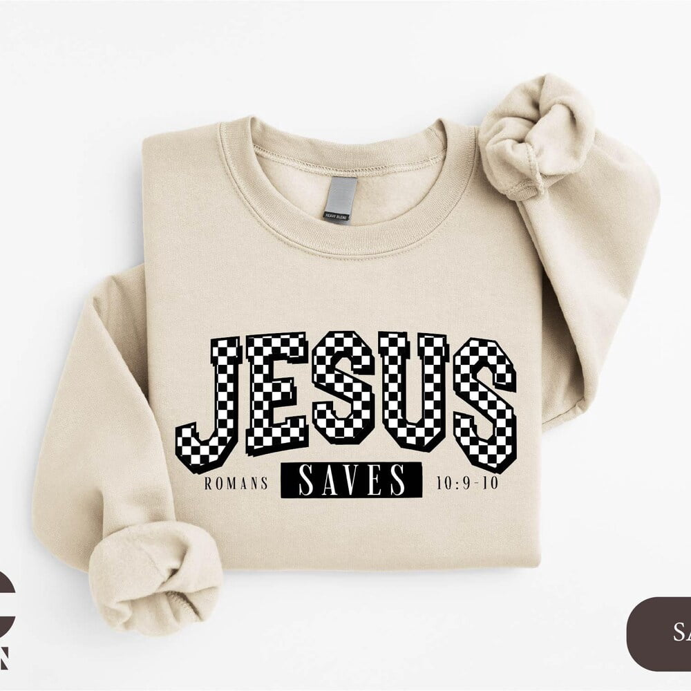 ANUNSHIRT Checkered Jesus Saves Christian Shirt, Religious Crewneck ...