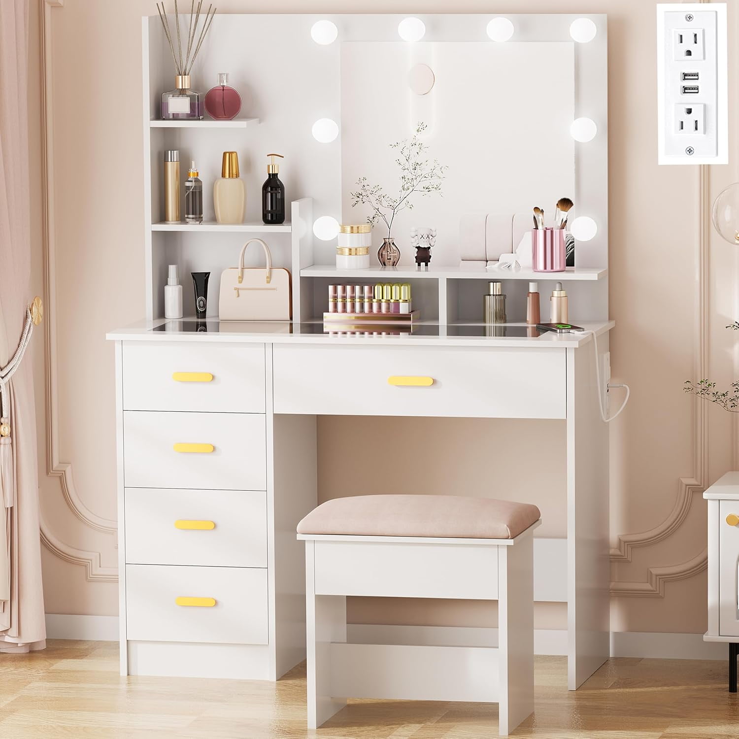 ANWBROAD 35.5" Vanity Desk with Mirror and Lights Small Glass Top ...