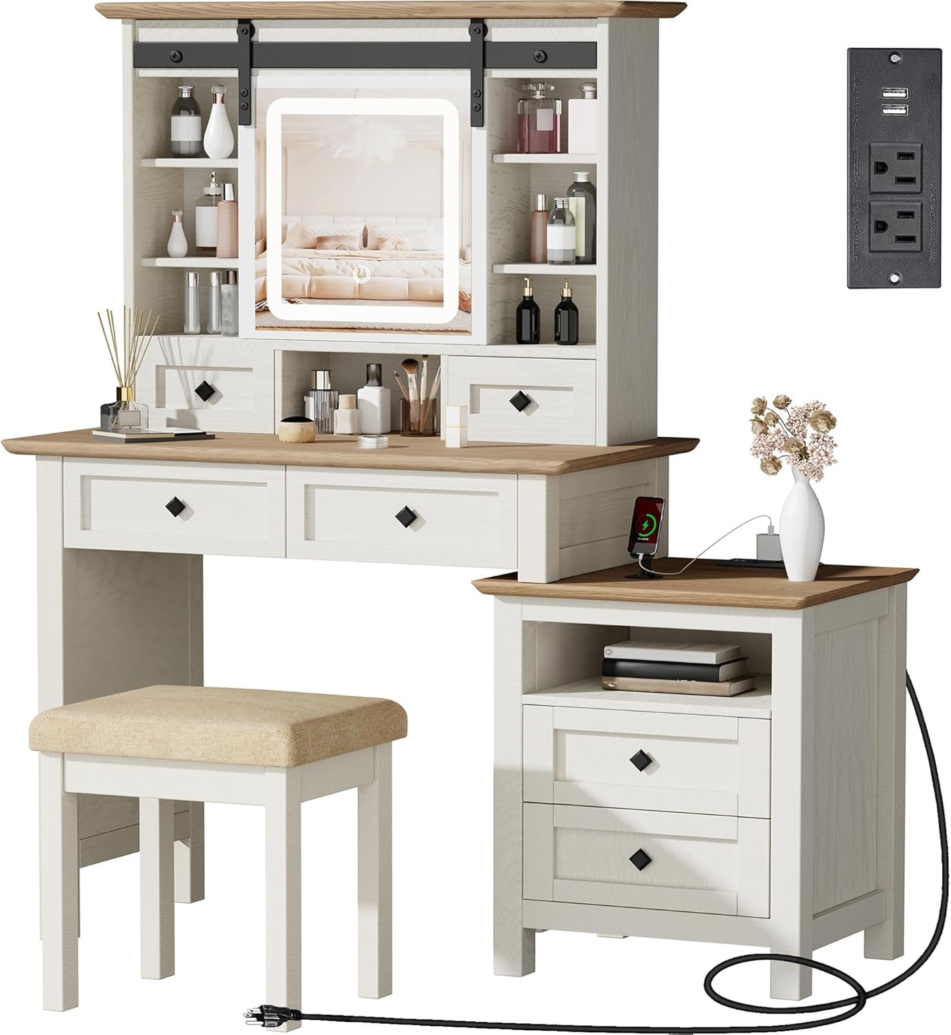 ANWBROAD Farmhouse Makeup Vanity Desk with Sliding Mirror and Lights ...