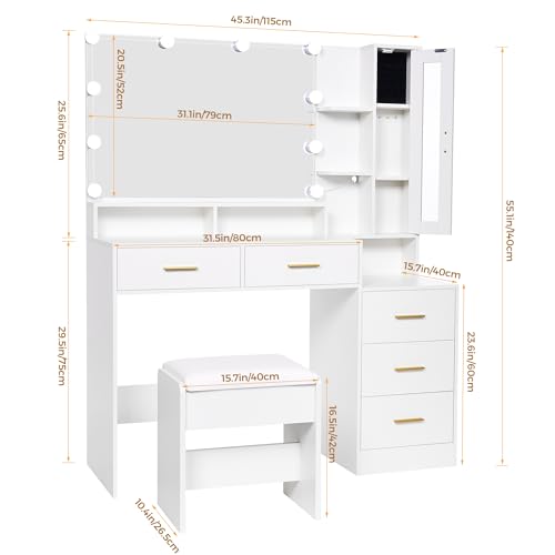 ANWBROAD Large Vanity Desk with Mirror and Lights 45.3" Makeup Vanity ...