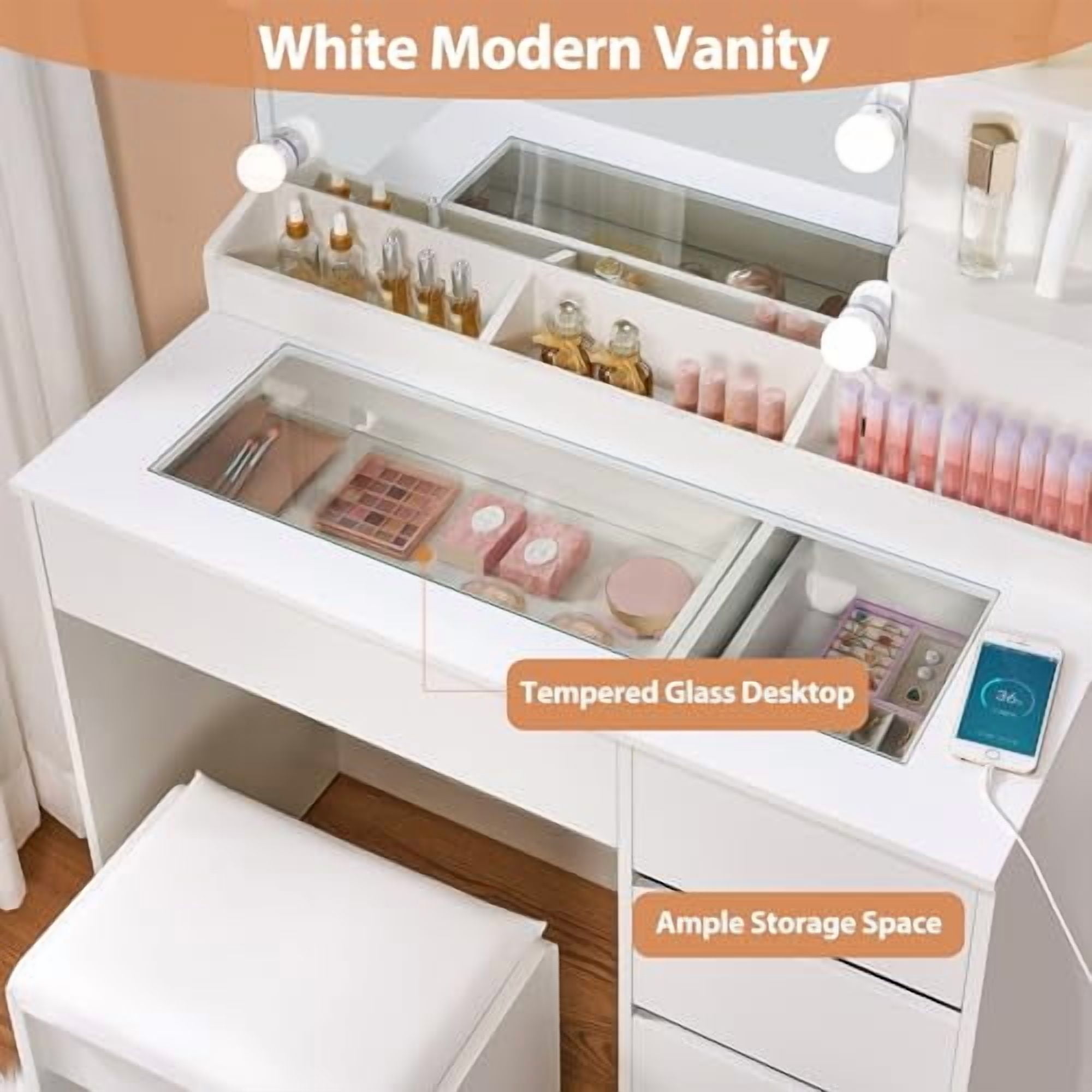ANWBROAD Makeup Vanity Desk with Lighted Mirror & Power Outlet 35.4 ...