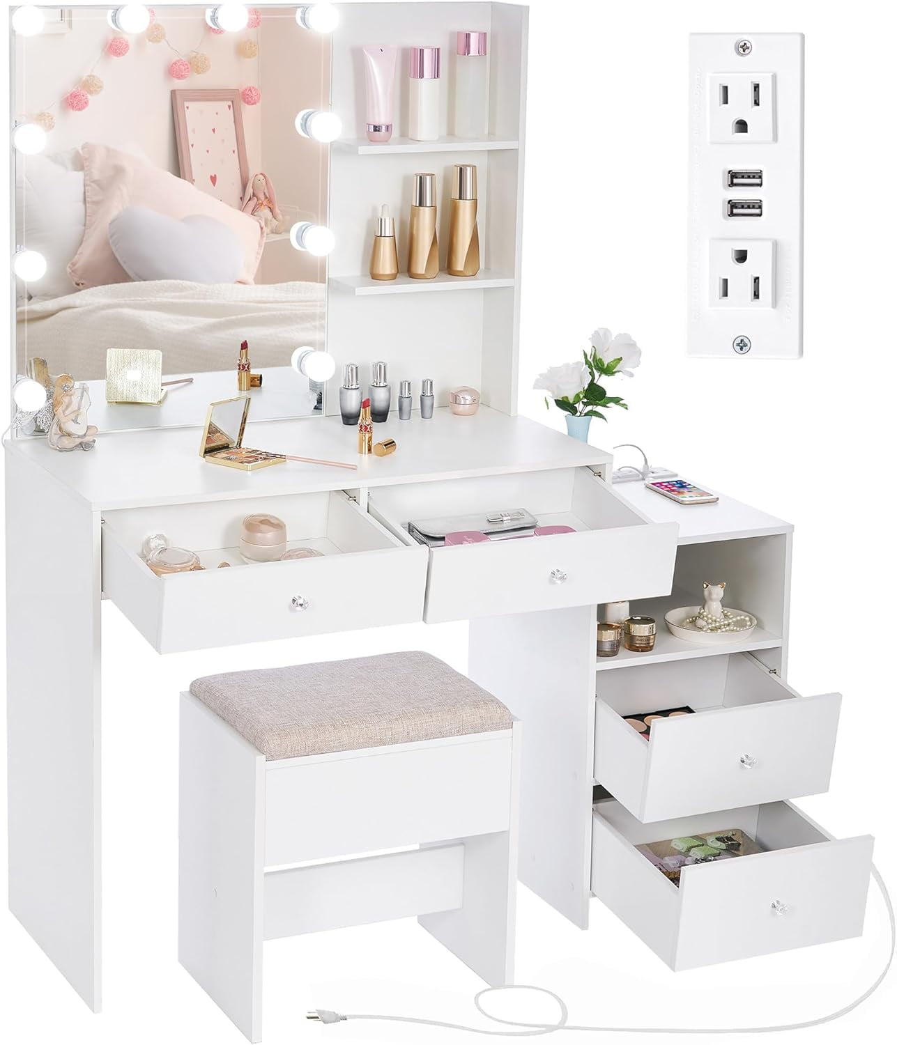 ANWBROAD Makeup Vanity Desk with Mirror & 10 LED Lights Big Vanity Set ...