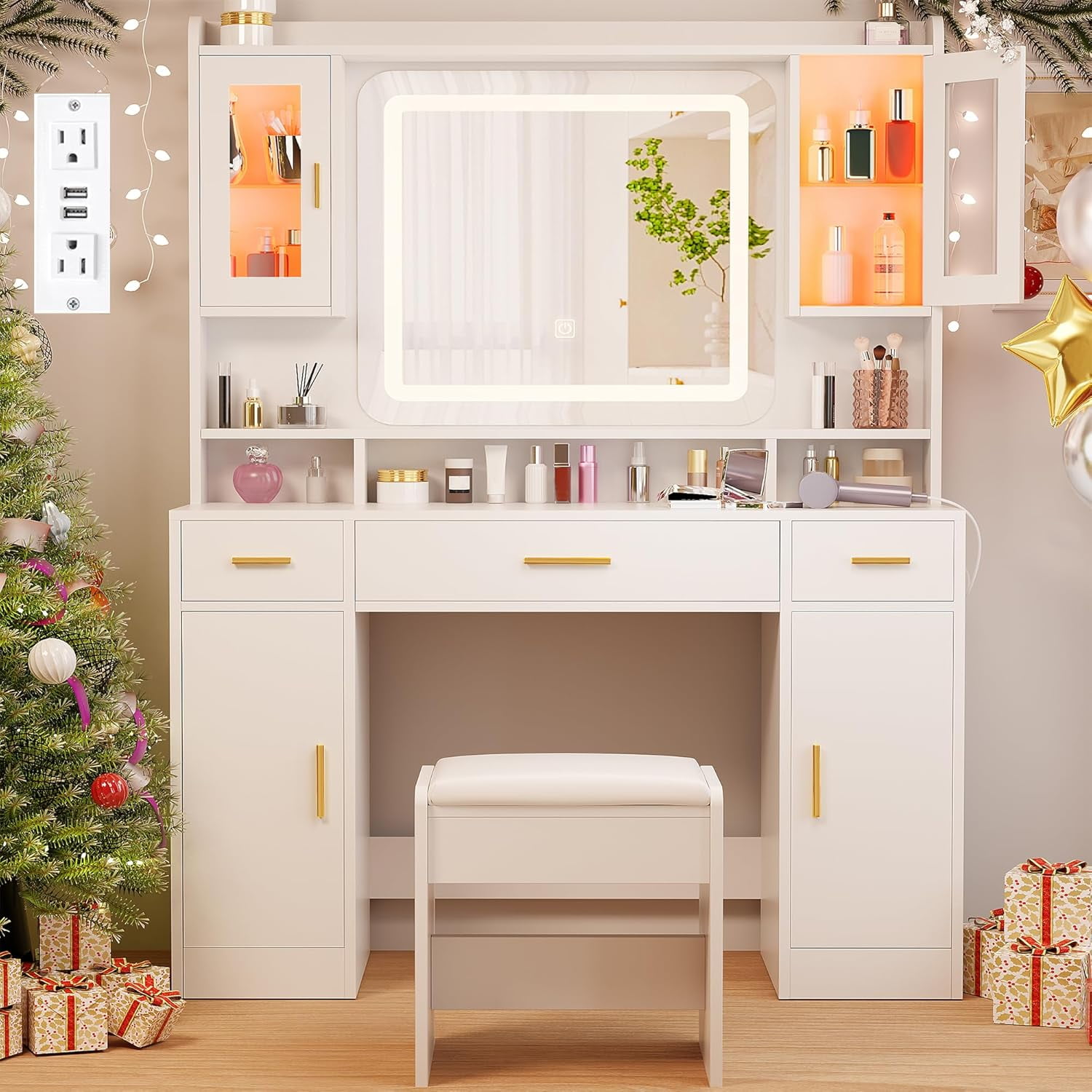 ANWBROAD White Vanity Desk with Mirror and Lights Large Makeup Vanity ...