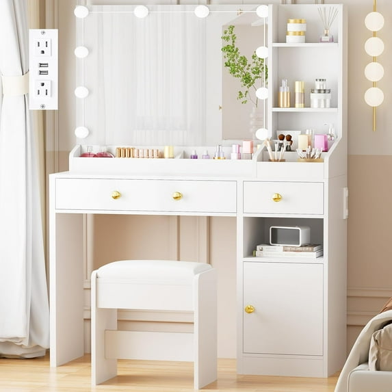 ANWBROAD White Vanity Desk with Mirror and Lights Makeup Vanity Set ...