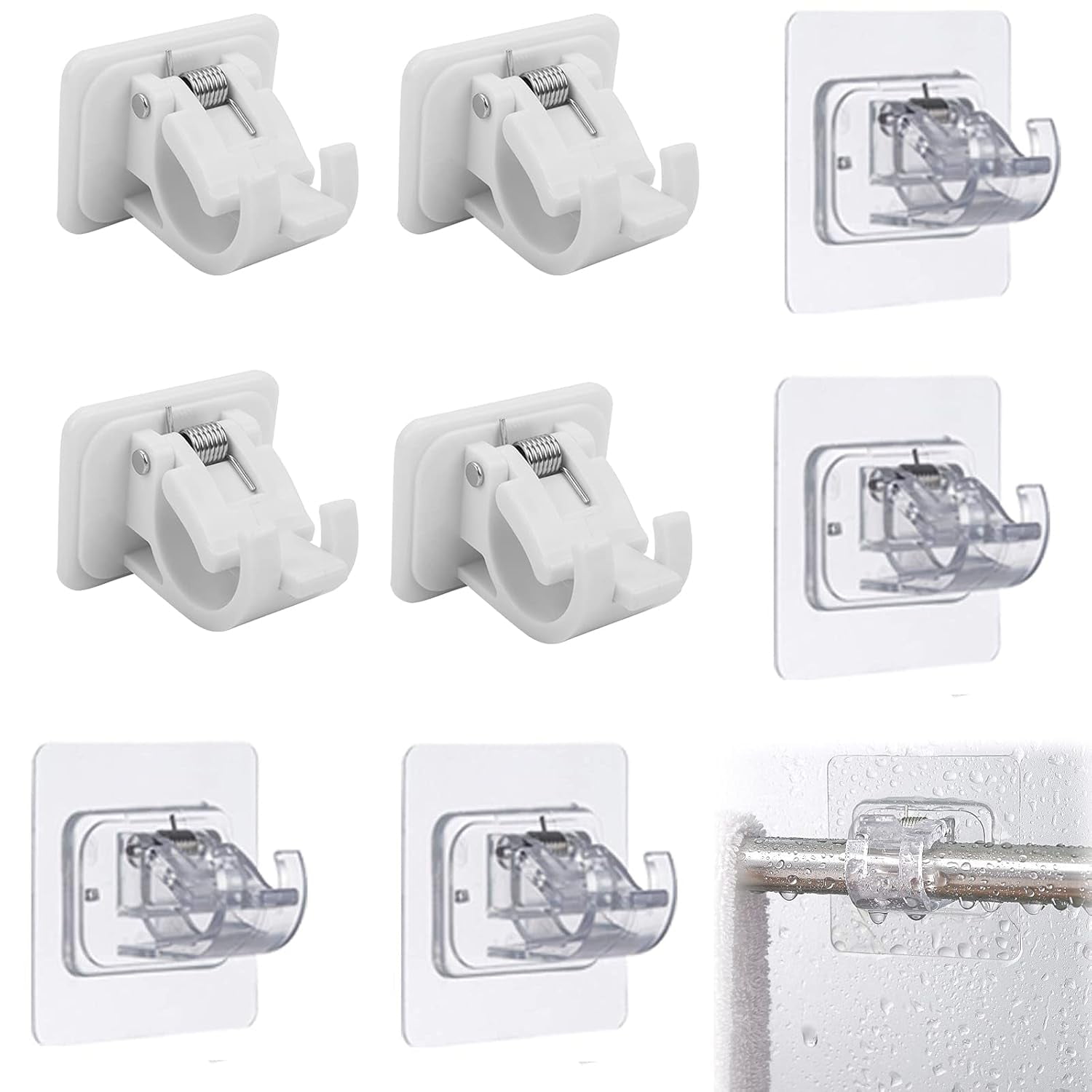 ANYI 8Pieces No Drill Curtain Rod Brackets Adhesive Mount Plastic White ...