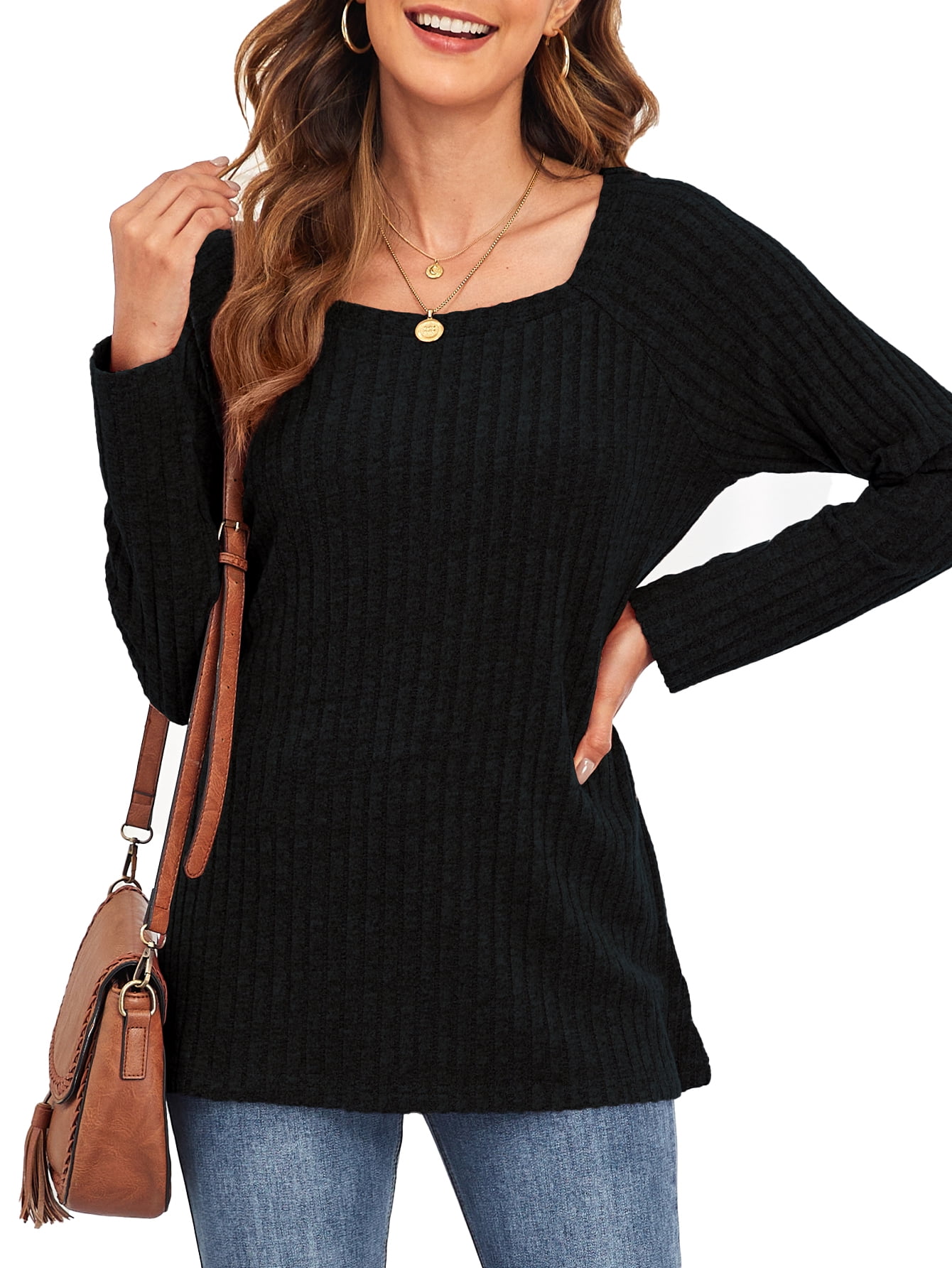 ANYJOIN Long Sleeve Shirts for Women Square Neck Fall Tops Lightweight Tunic Sweaters - Walmart.com
