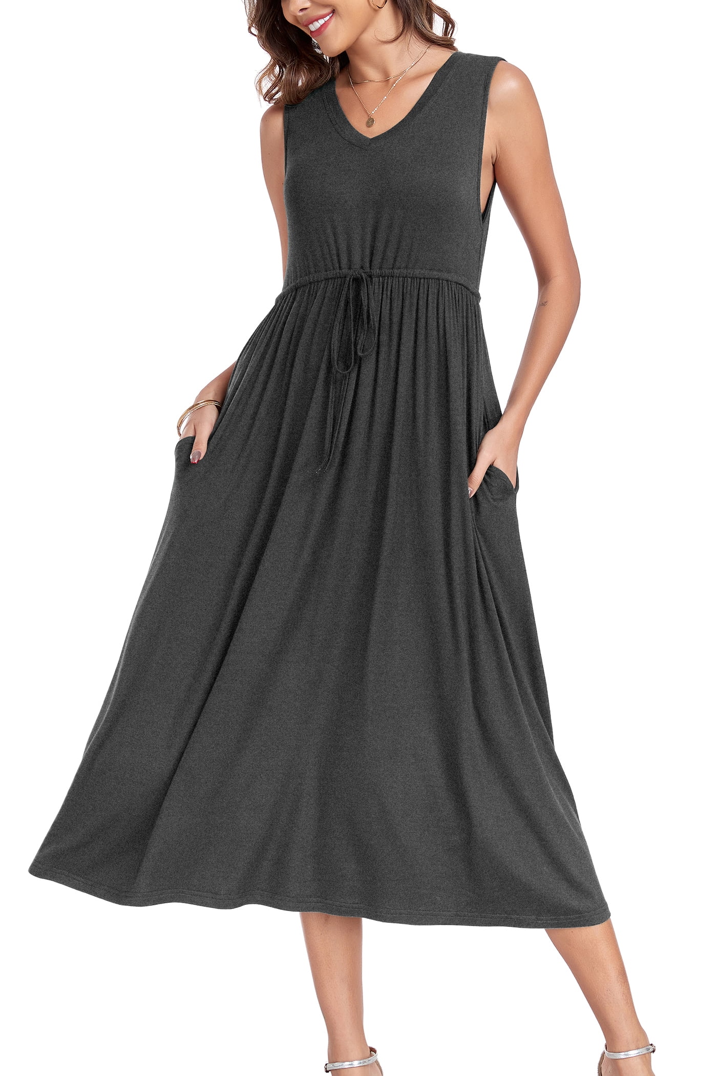 ANYJOIN Women's Sleeveless Tank Dress Summer Casual Swing Sundress Midi ...