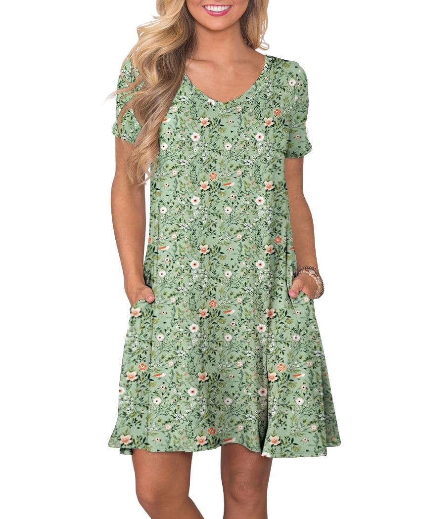 ANYJOIN Women's Bohemian Sundress, V Neck, Short Sleeve, Floral Swing ...