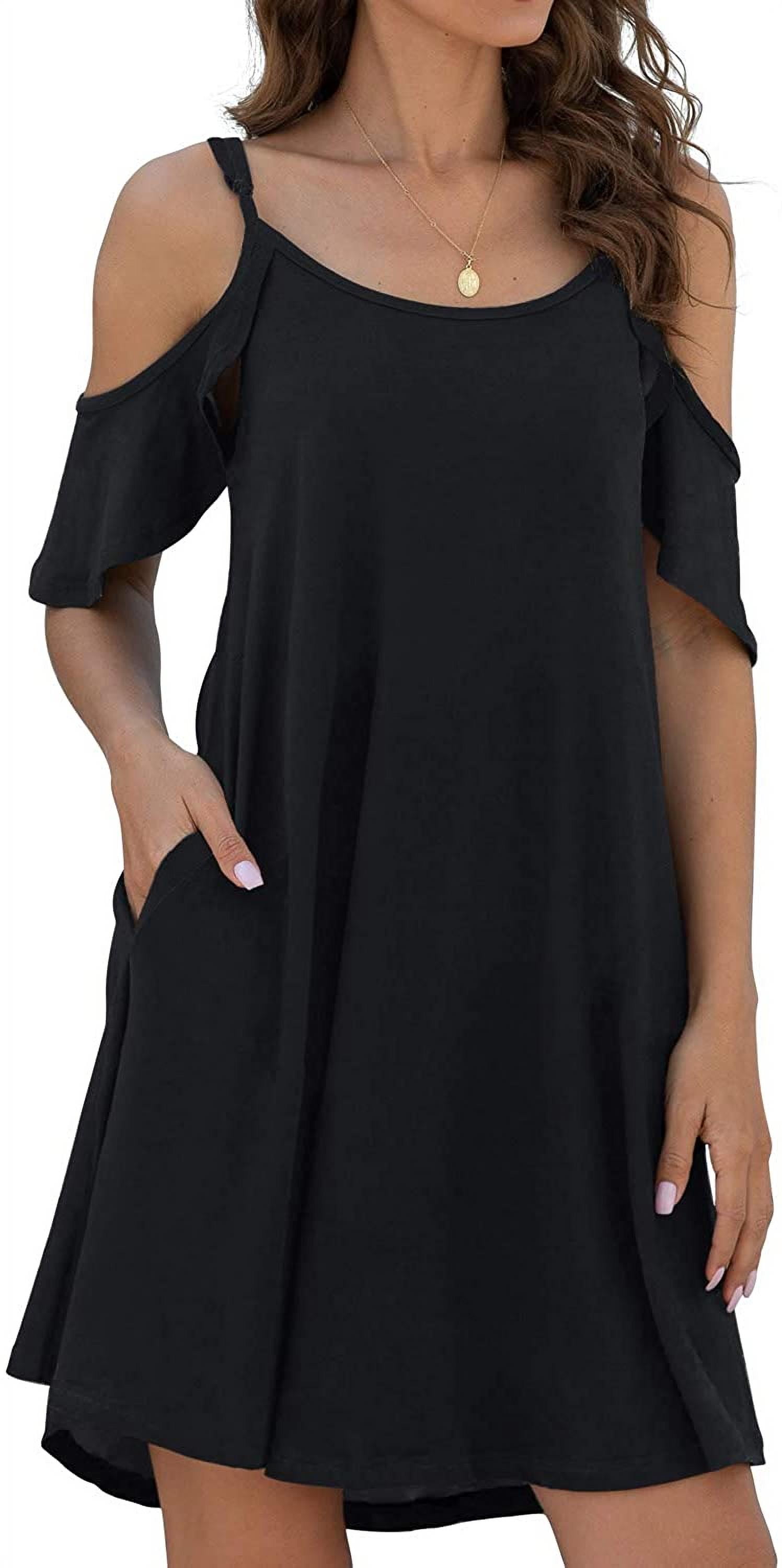 ANYJOIN Women's Summer Casual Strap Mini Dress Cold Shoulder Ruffle ...