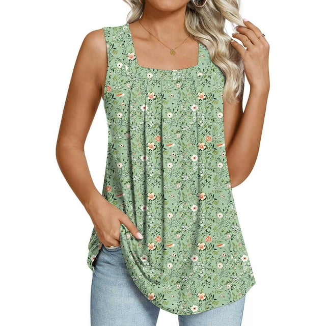 ANYJOIN Women's Summer Tank Tops Loose Fit Pleated Square Neck Sleeveless Blouse Tunic Tops ...