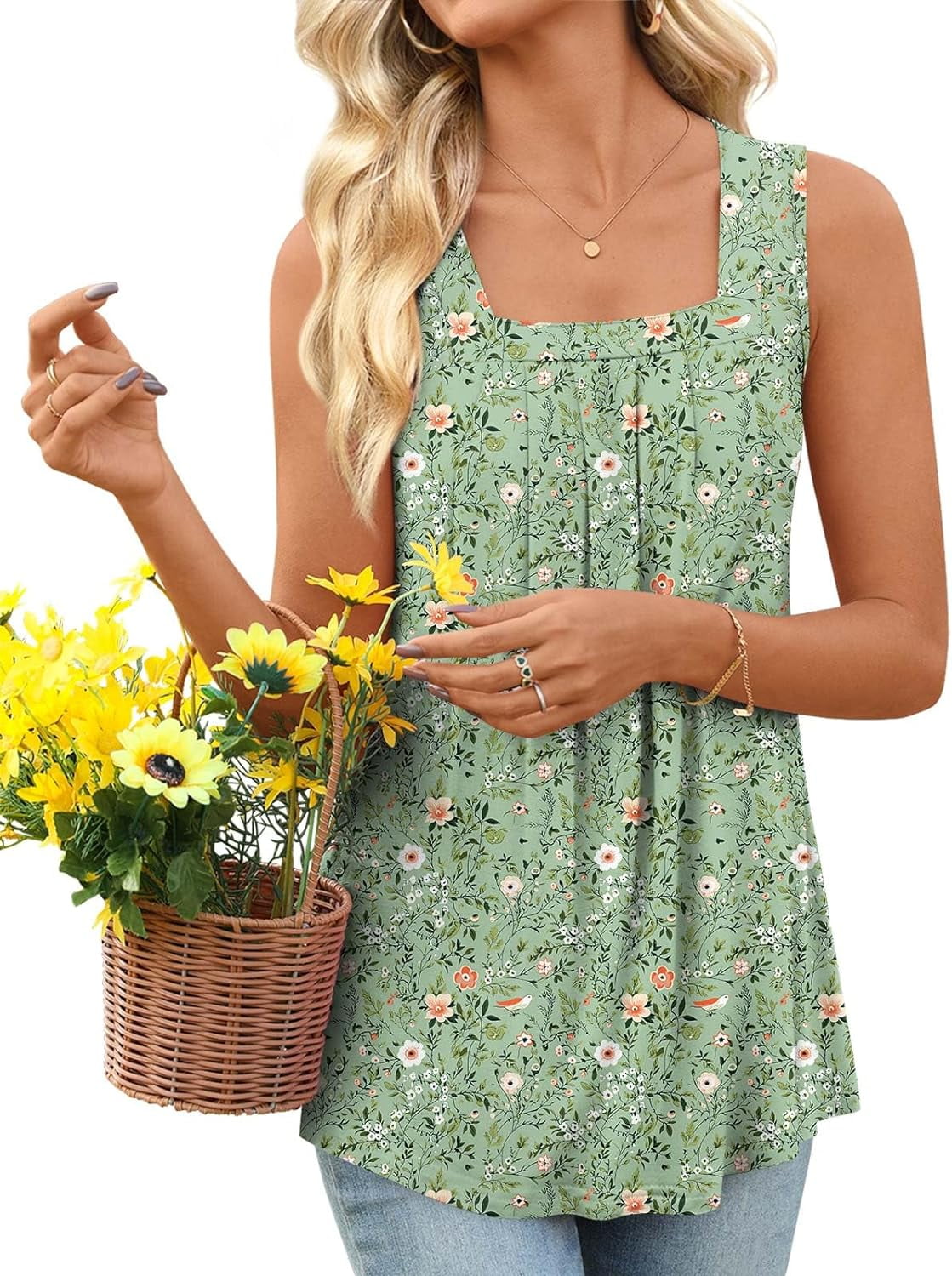 ANYJOIN Women's Summer Tank Tops Loose Fit Pleated Square Neck Sleeveless Blouse Tunic Tops ...